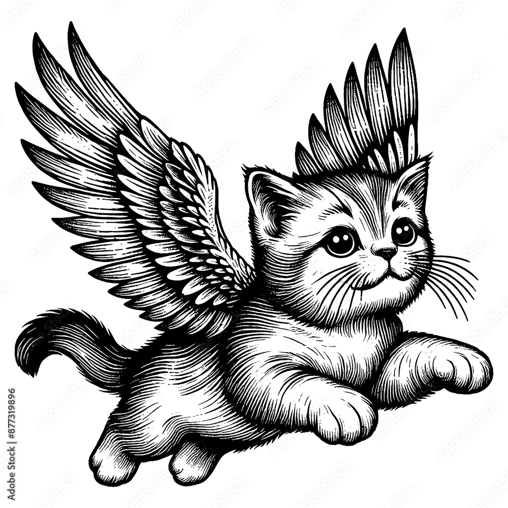 winged flying cat, featuring intricate details and a whimsical fantasy ...