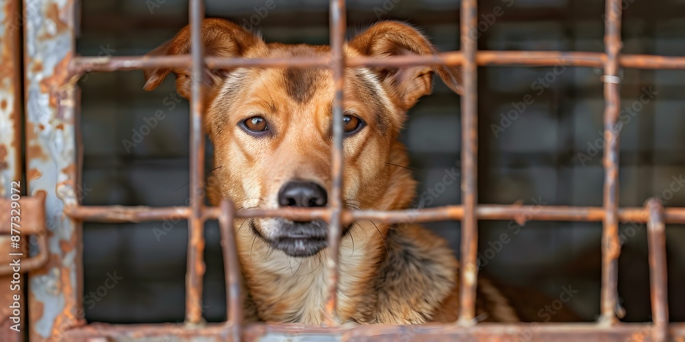 Sad hungry stray dog in shelter cage behind old rusty grid. Concept ...