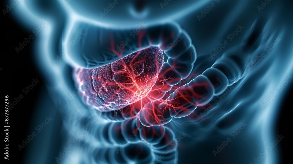 3D medical illustration of human digestive system with highlighted ...