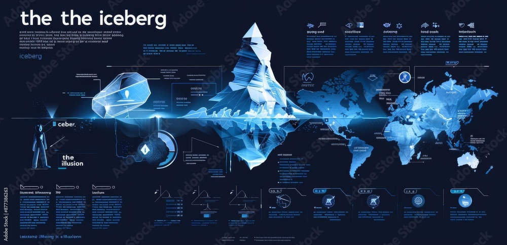 Detailed infographic of the iceberg concept with world map and data ...