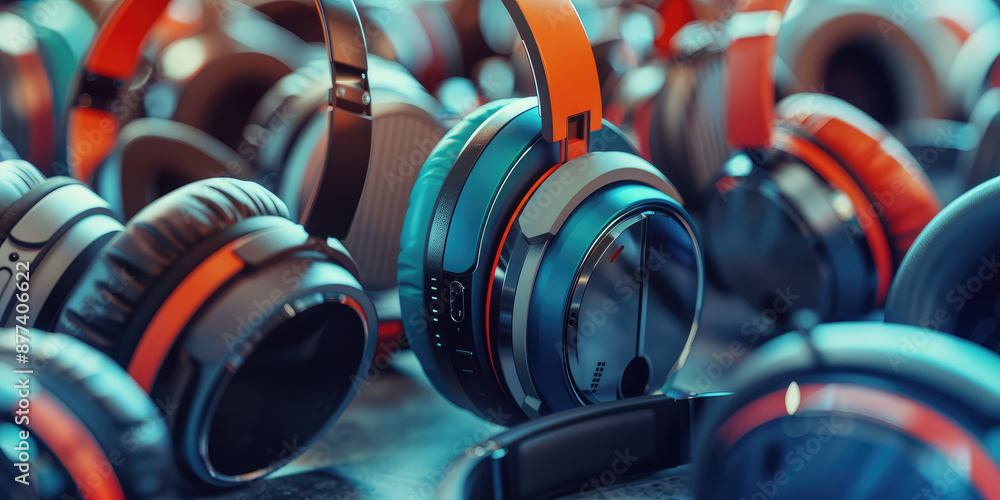 Lots of headphones of different colors and types. Assortment of ...