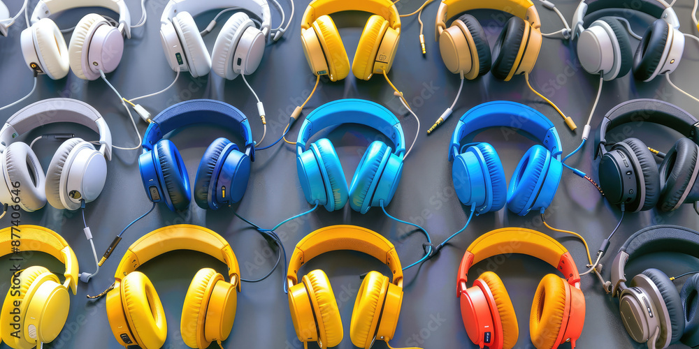 Lots of headphones of different colors and types. Assortment of ...