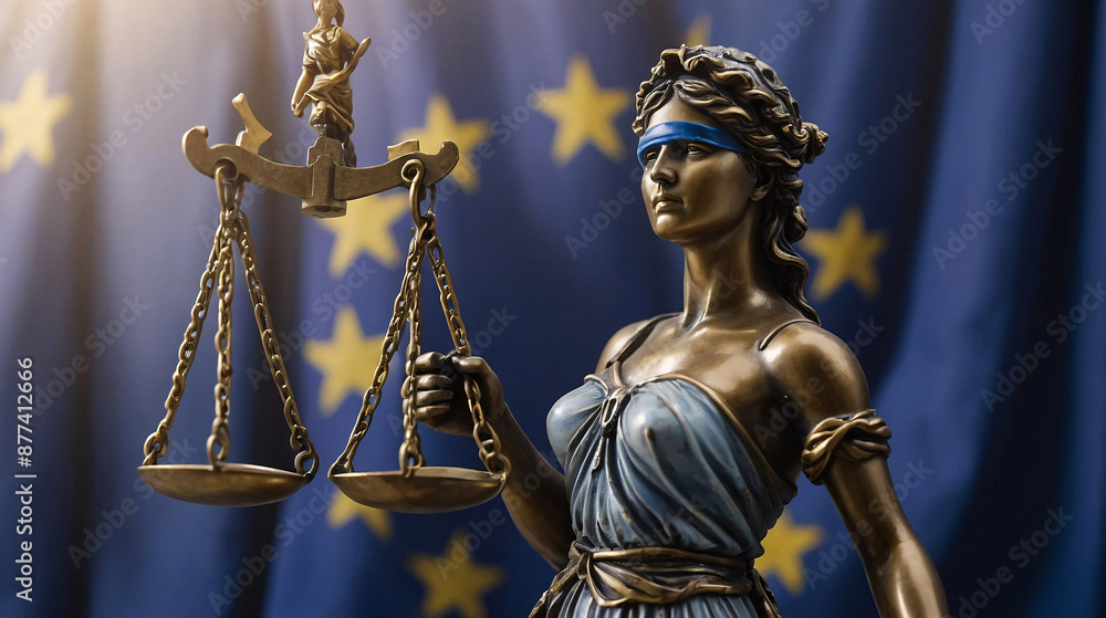 a bronze statue of Lady Justice, depicted with a blindfold over her ...