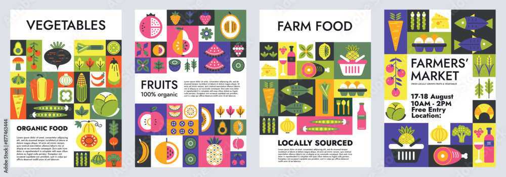 Organic food geometric mosaic poster. Farmers market invitation ...