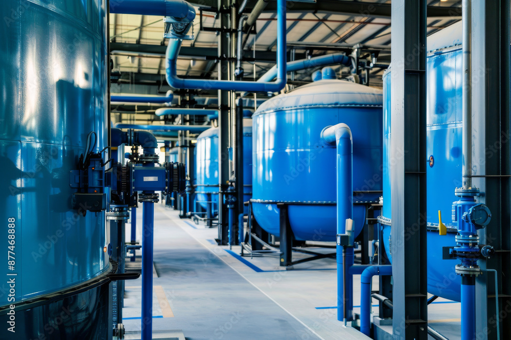 A sophisticated industrial plant with blue tanks and complex piping ...