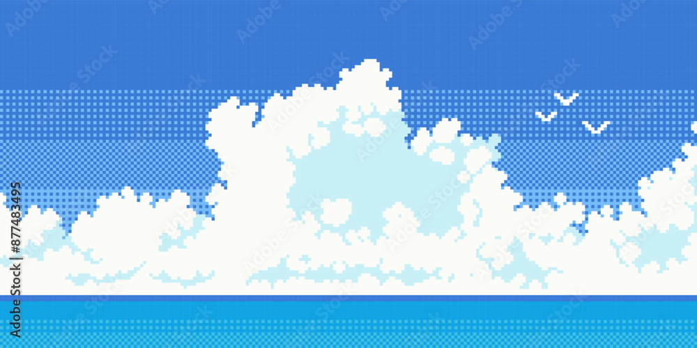 Blue sky with fluffy clouds pixel art background. Peaceful sunny ...