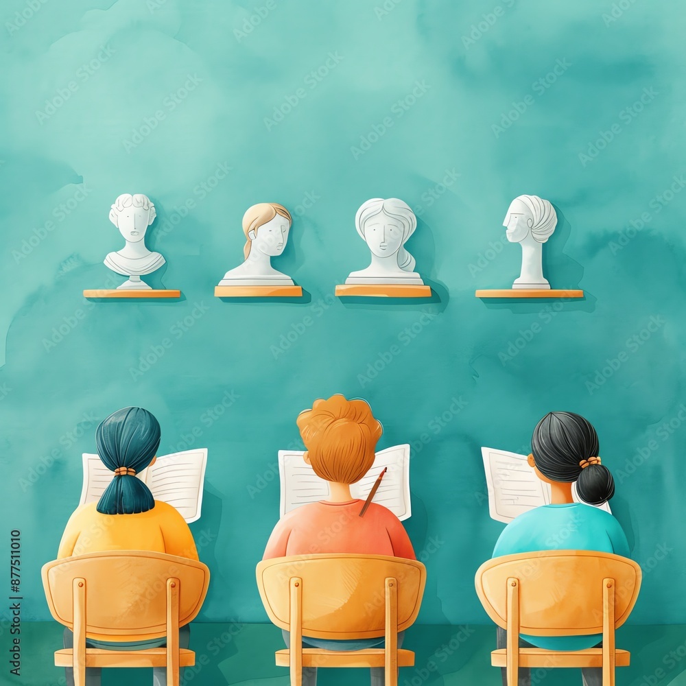 Watercolor scene of an art history lecture, with students sketching ...