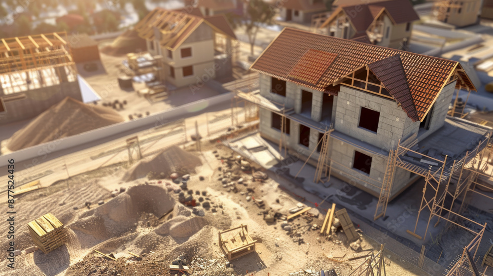 Aerial view of a construction site with new buildings in various stages ...