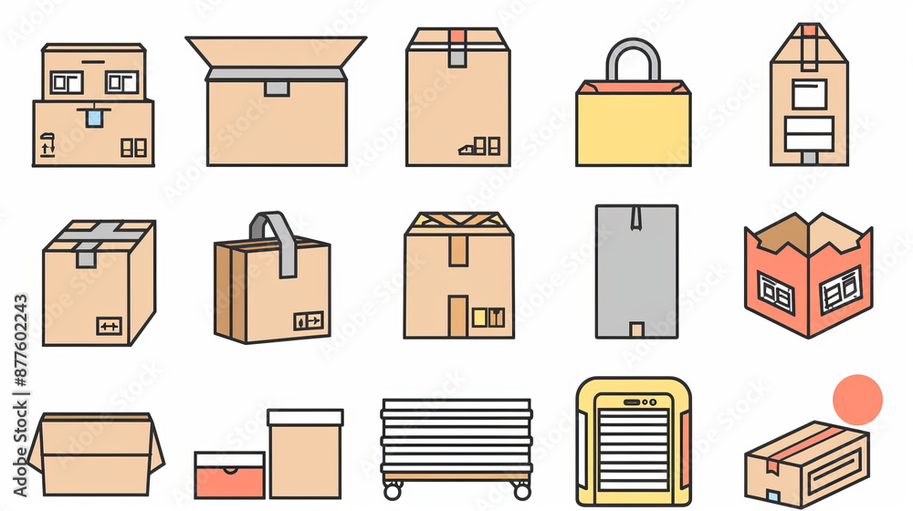 Product packaging line icons featuring box warehousing outline vector ...