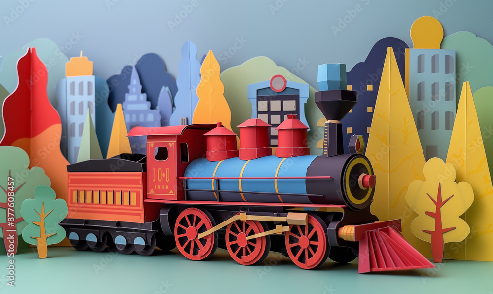 train on the railway station, steam train made of colorful construction ...