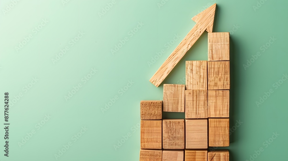 Wooden blocks with a bar chart and upward arrow on a green background ...