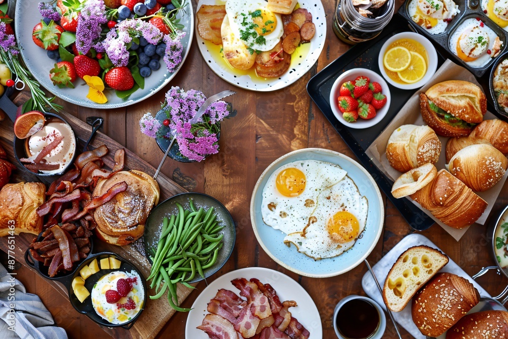 Brunch spread with a variet of dishes pastries. Village Breakfast with ...