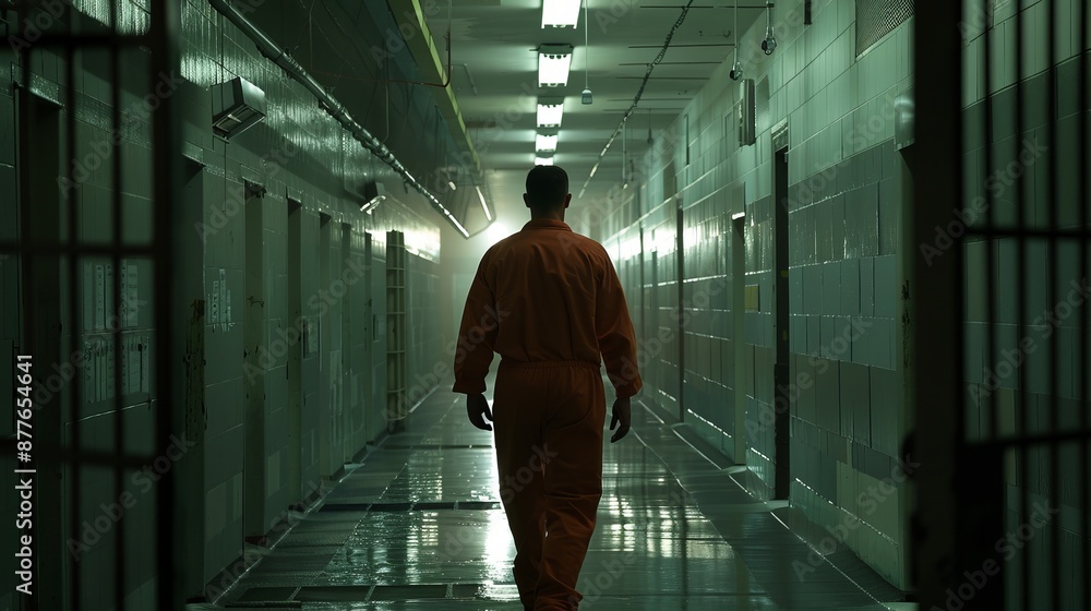 A solitary inmate, dressed in an orange jumpsuit, walks down a dimly ...