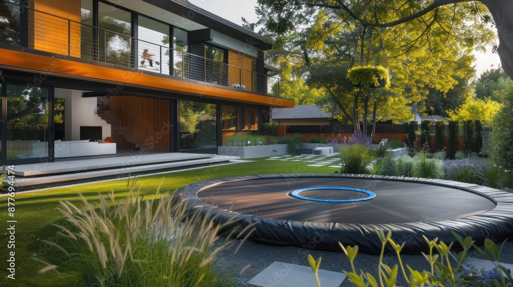 Contemporary suburban home with a custom, in-ground trampoline ...