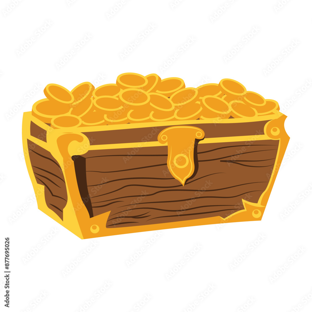 Treasure chest with full gold coins vector illustration, golden coins ...