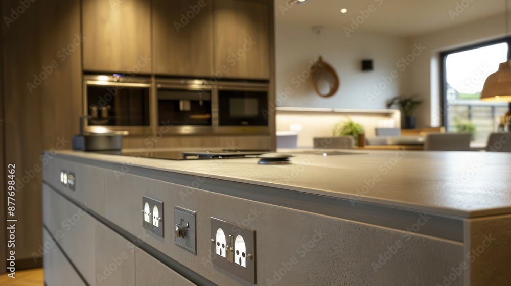 Contemporary suburban kitchen with a monolithic island unit and pop-up ...