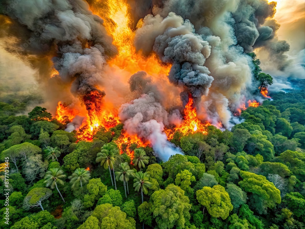Aerial view of massive wildfire engulfing lush green rainforest, flames ...