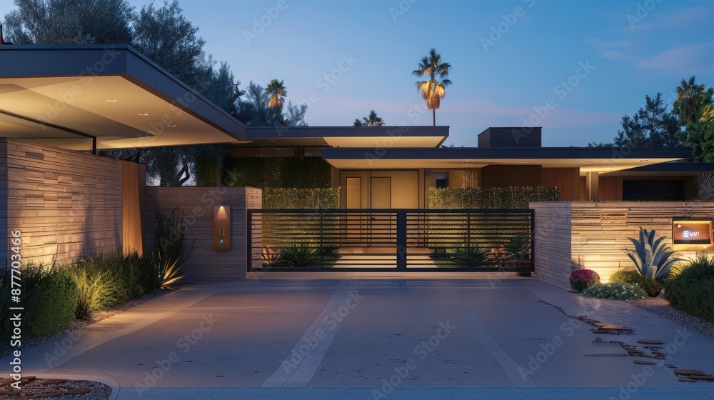 Mid-century modern suburban home with a front gate that features ...