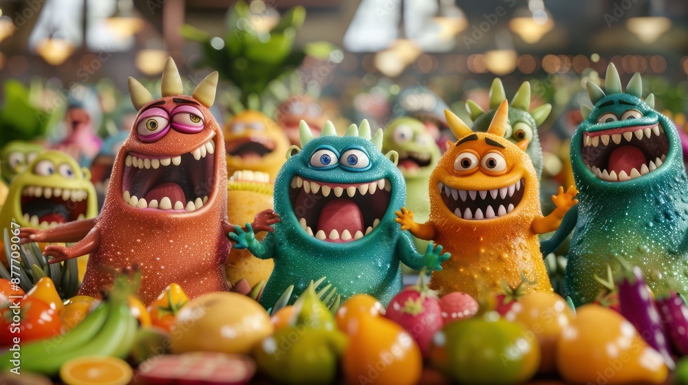 Hilarious Monsters Celebrate with a Feast of Fruits and Vegetables A ...