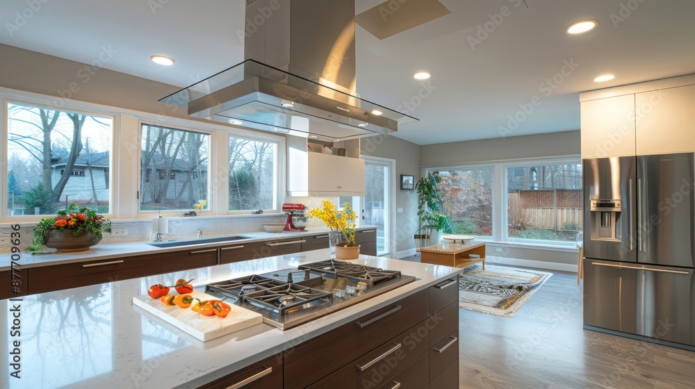 Mid-century modern suburban kitchen with a ceiling-mounted retractable ...