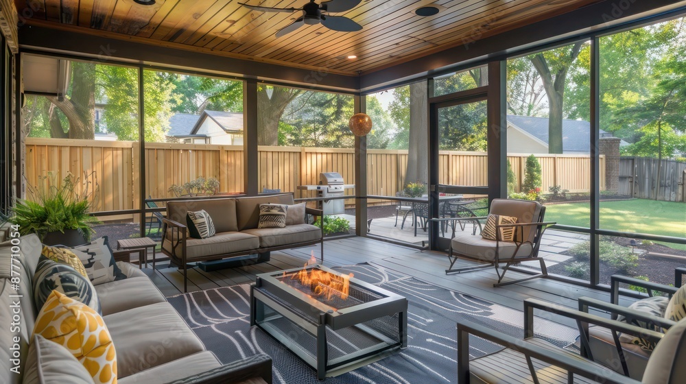 Mid-century modern suburban porch with integrated heating for year ...
