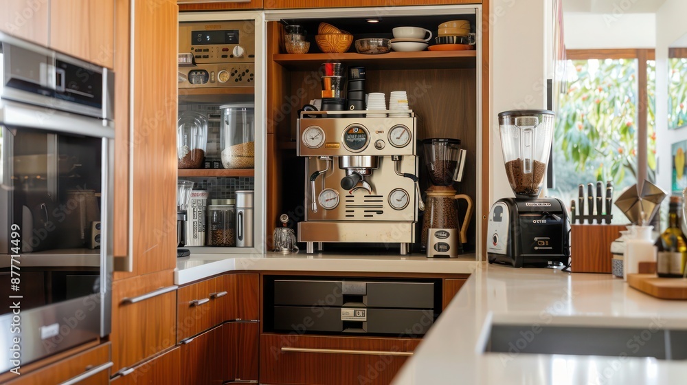 Mid-century modern suburban kitchen with an integrated coffee bar that ...