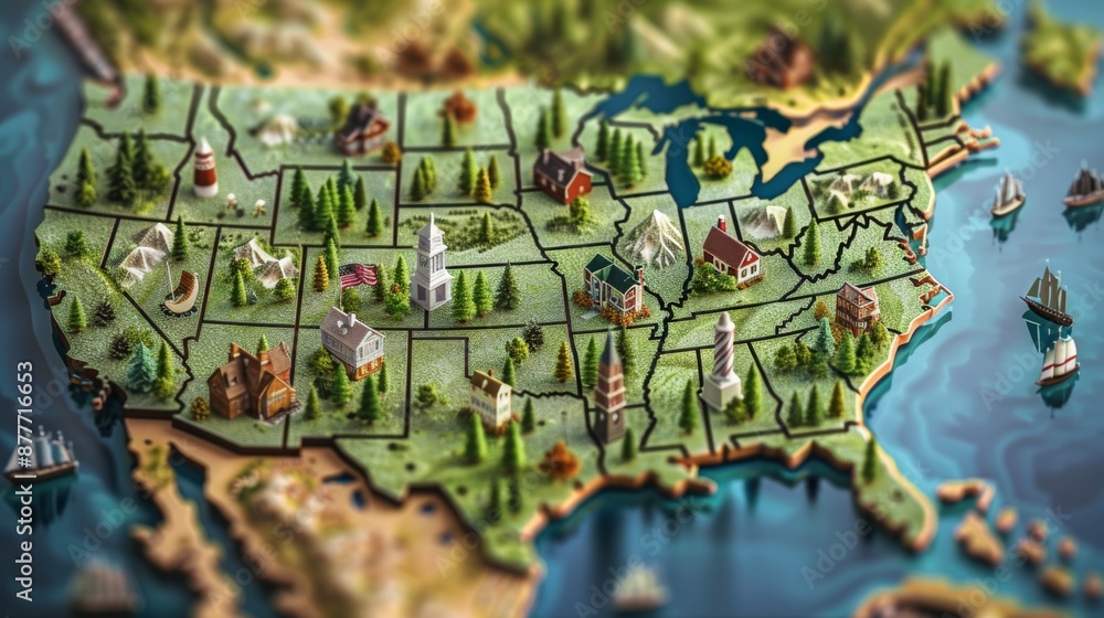 This diorama-style map of the U.S. features notable historical ...