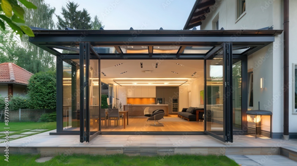 Suburban contemporary sunroom with retractable glass walls, allowing it ...