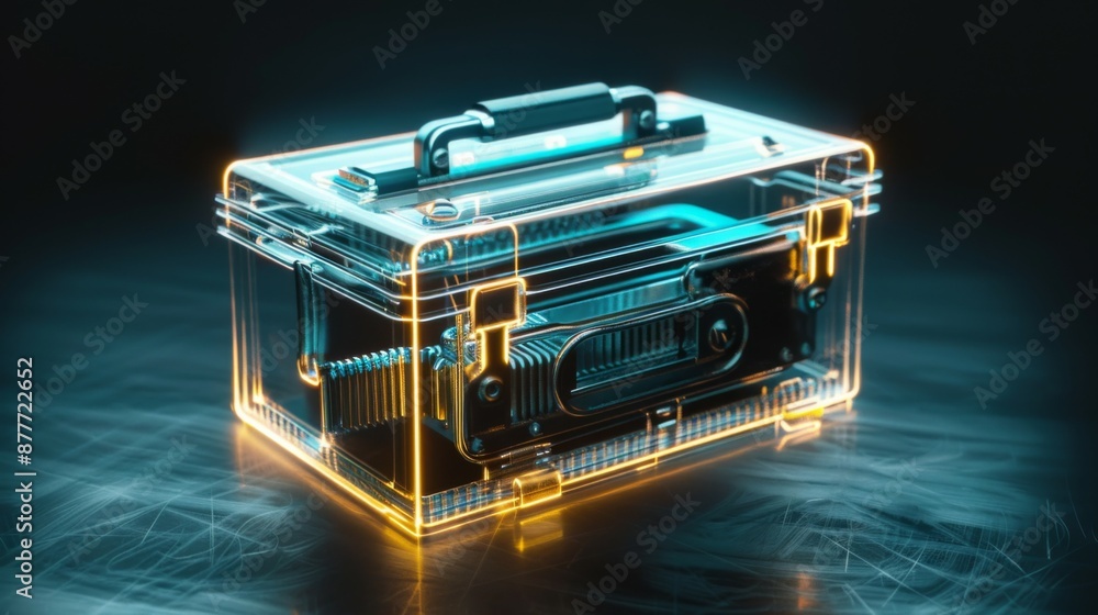 A transparent toolbox with neon glowing edges, showcasing a modern and ...
