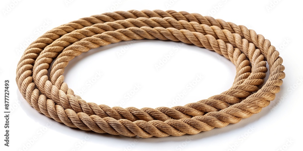 Coiled brown western rope forms a circular frame shape on a clean white ...