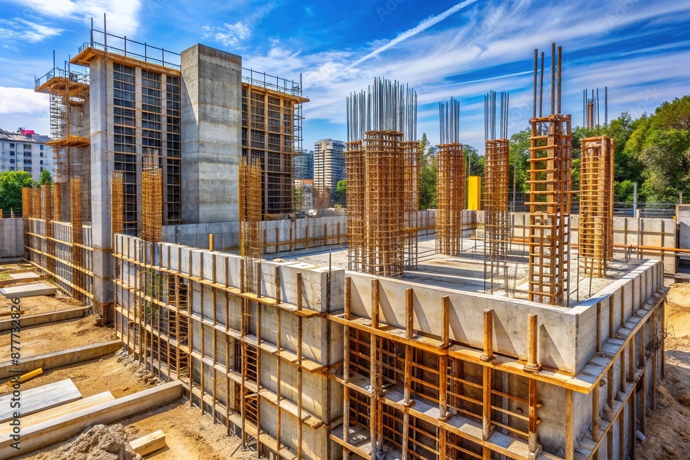 Concrete foundation walls with panel formwork and reinforcement bars in ...