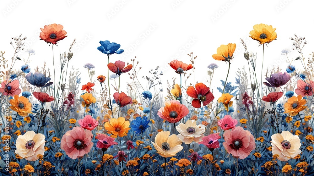 Colorful wildflowers in various shades and shapes create a lively and ...