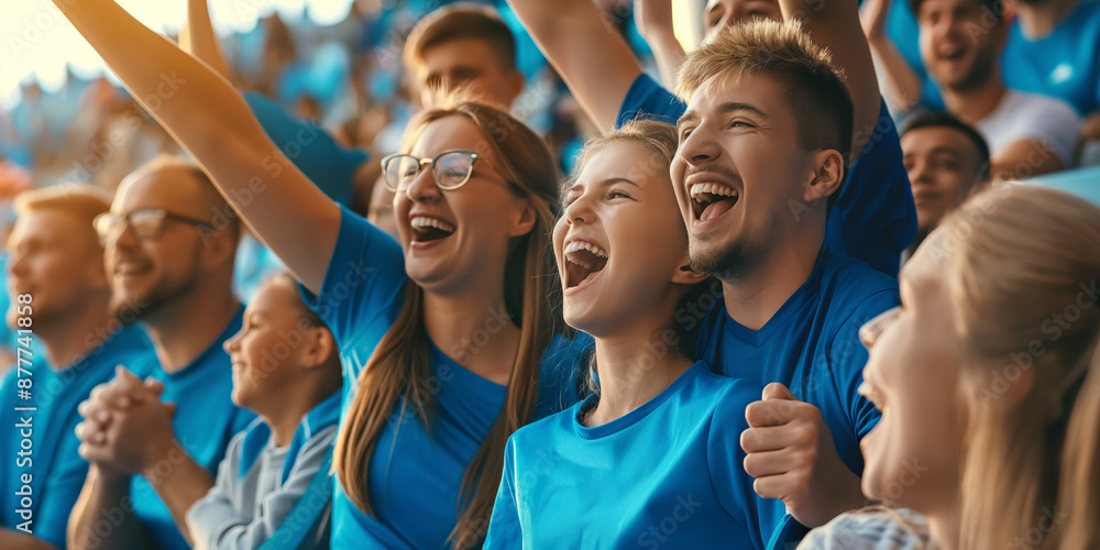 Foto de Stock Excited sports fans wearing blue and white clothes ...