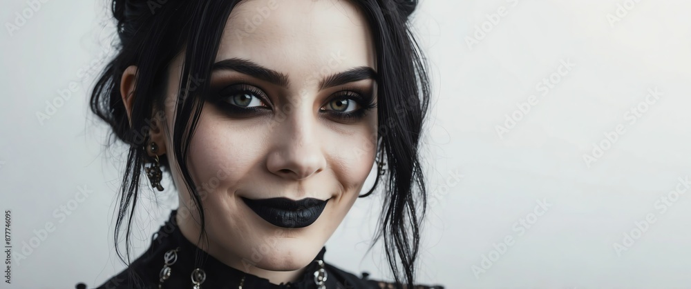 smiling portrait goth girl on plain white background for banner ...
