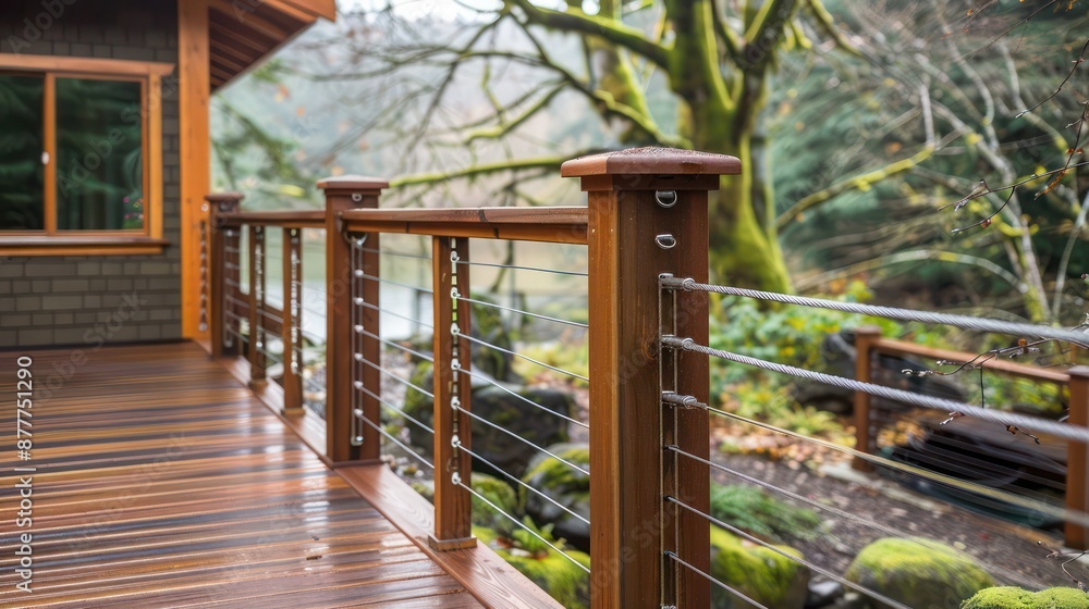 Craftsman-style deck railing with wooden posts and a cable rail system ...