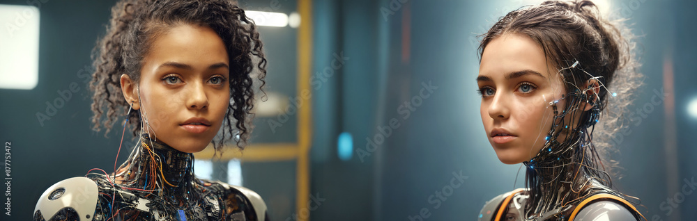 two young women, 2 girls are transhumanism human or android humanoid ...