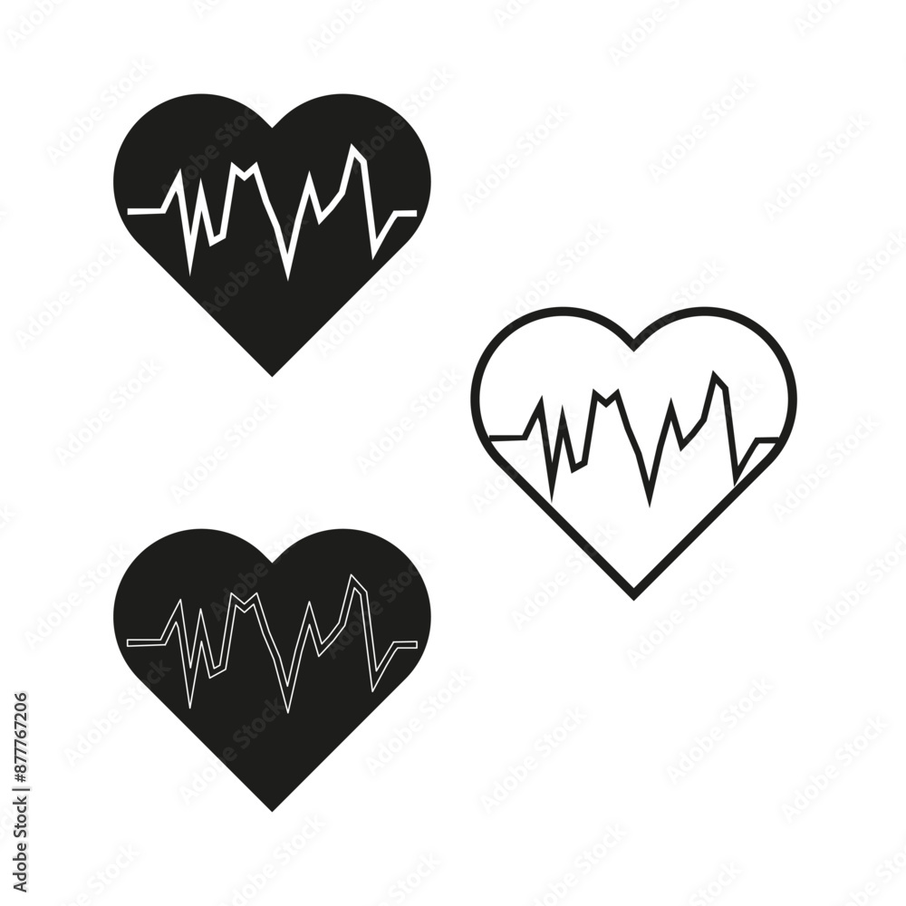 Heart with heartbeat. Medical heart icon. Black and white vector ...