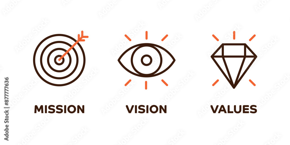 mission, vision and values ICON SET v2. Target, eyes, diamond, icon ...