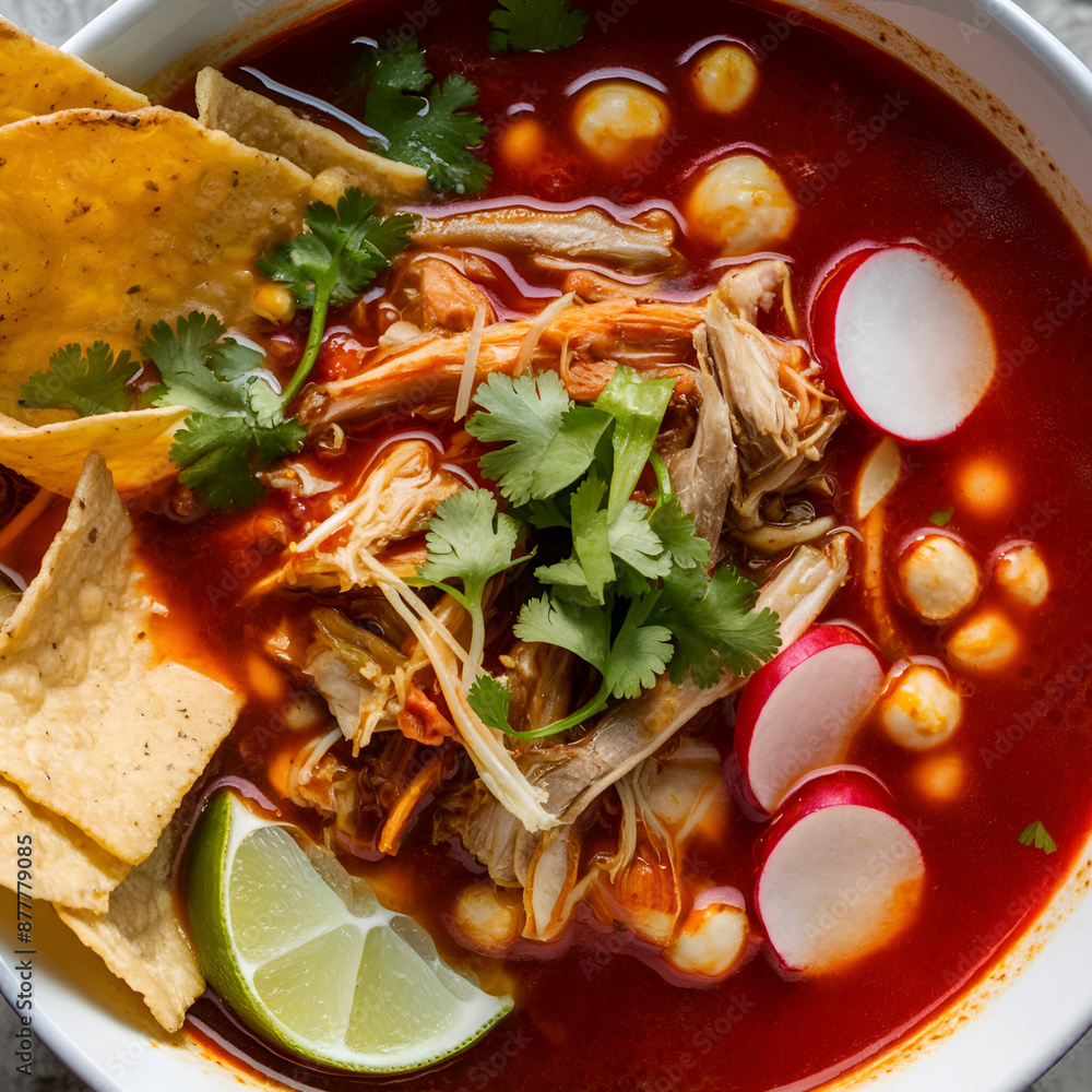 Pozole rojo, sopa mexicana de maíz, comida tradicional en México hecha ...