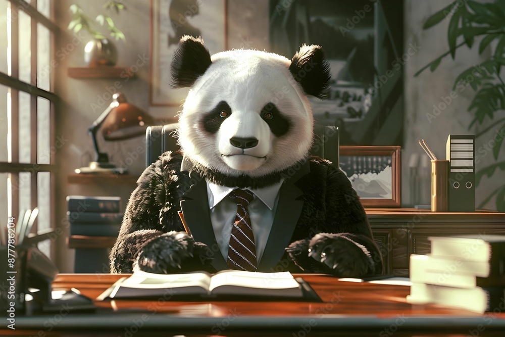 Foto de Stock Giant Panda in a suit and tie, working at a desk in an ...