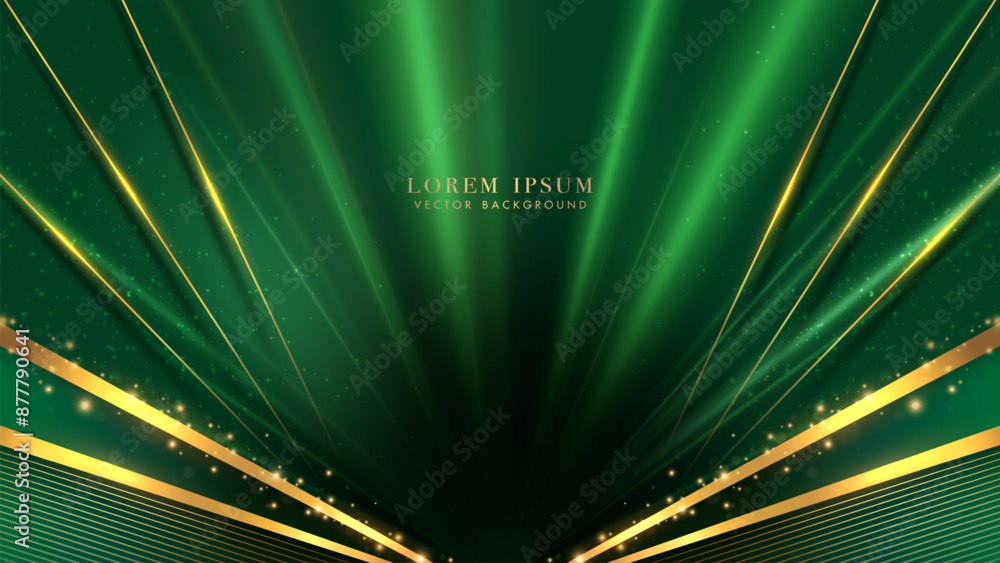 Luxury green background decoration with golden lines, glowing beams ...