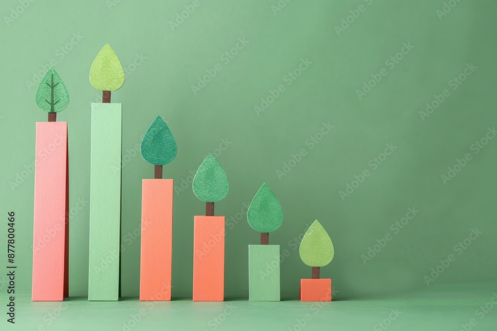 Eco-friendly growth chart with green and red bars rising, topped with ...