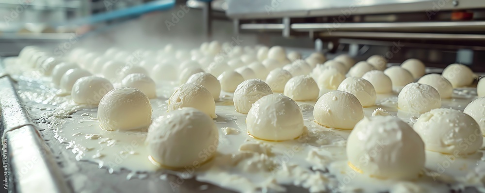 Industrial production line making fresh mozzarella cheese balls ...