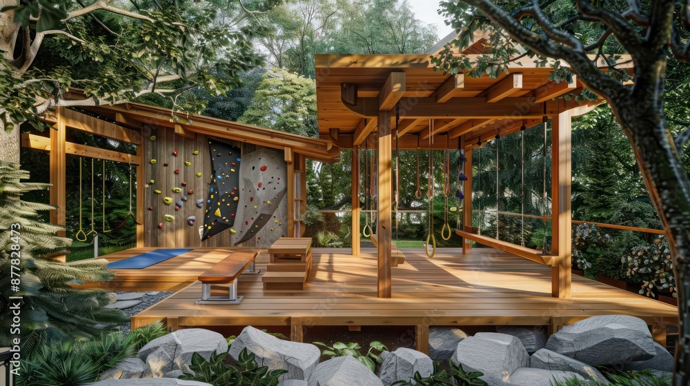 wooden Craftsman-style outdoor gym, complete with a climbing wall ...