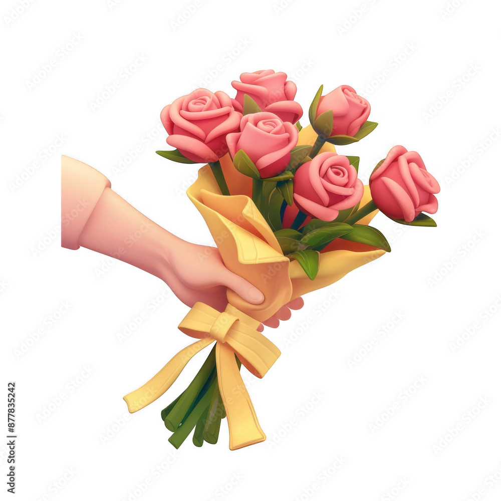 Cartoon hand holding bouquet of roses in 3D illustration isolated on ...
