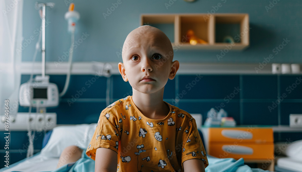 Breast cancer patient child on hospital bed. Asian young kid bravely ...