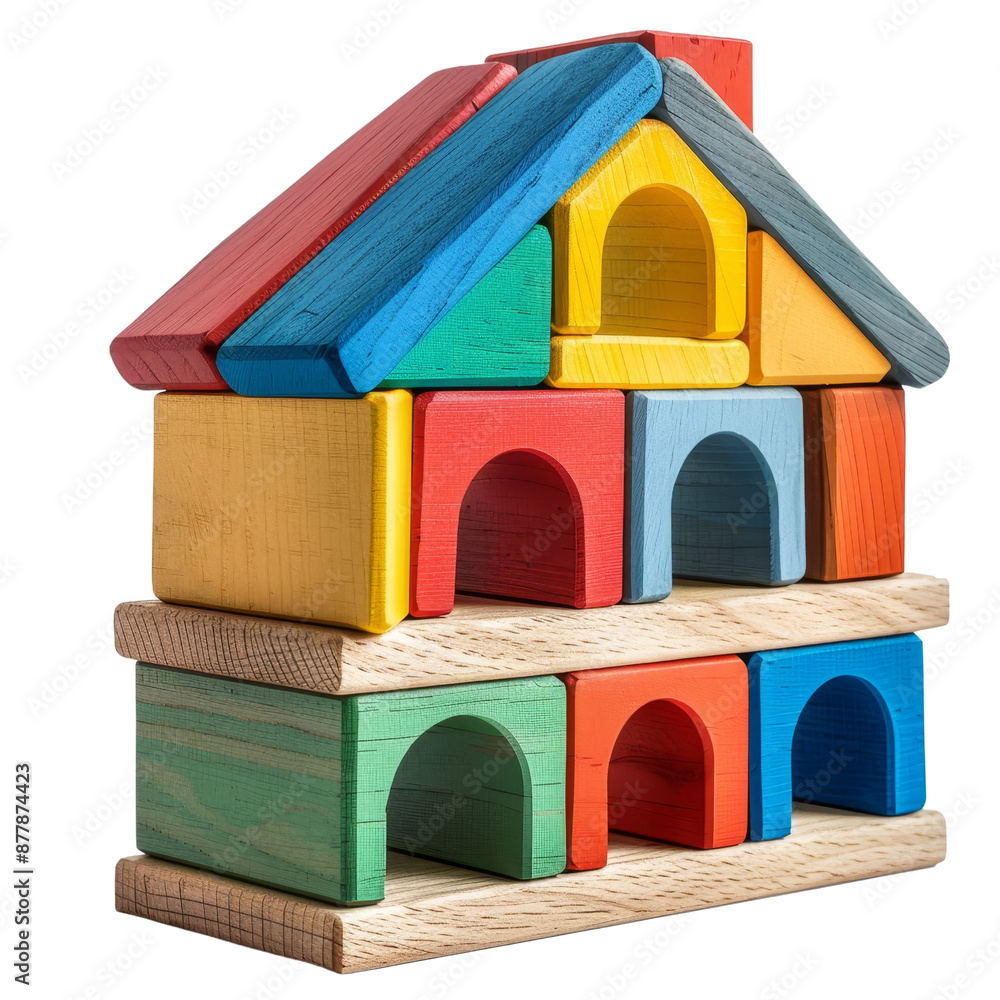 Wooden toy house with colorful blocks and multiple levels transparent ...