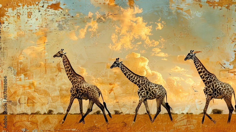 Giraffes gracefully stroll across the savannah of the Serengeti in ...