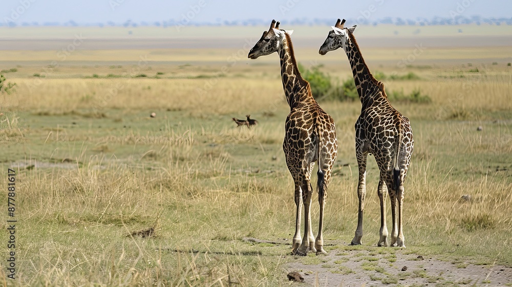 Giraffes gracefully stroll across the savannah of the Serengeti in ...