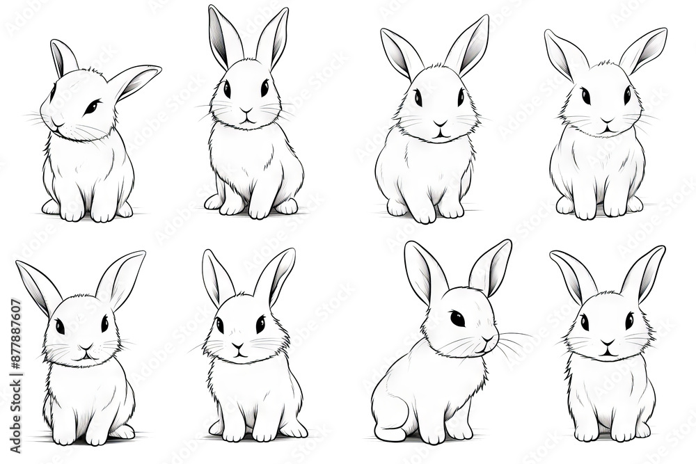 Adorable bunny rabbit outline sketch vector illustration in various poses, minimal bunny line ...